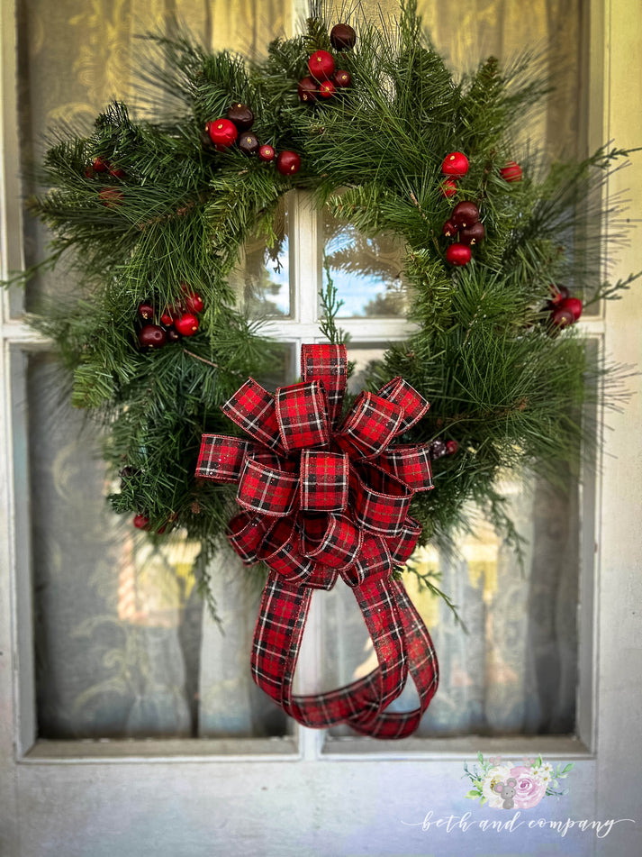 Christmas Bow | Santa Theme | Red Black White Plaid Wired Ribbon | Chr ...