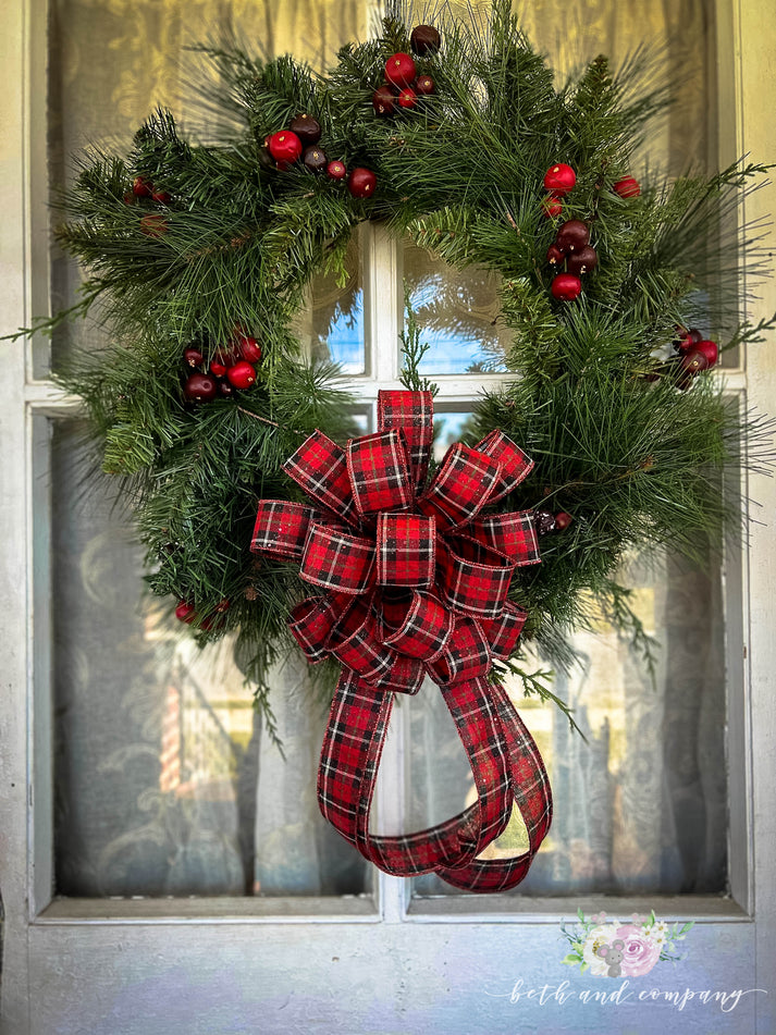 Christmas Bow | Santa Theme | Red Black White Plaid Wired Ribbon | Chr ...